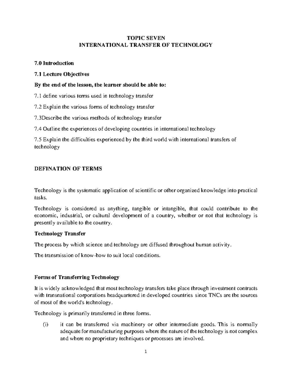 International Transfer of Technology: Lecture Notes (Course Code: 4 ...