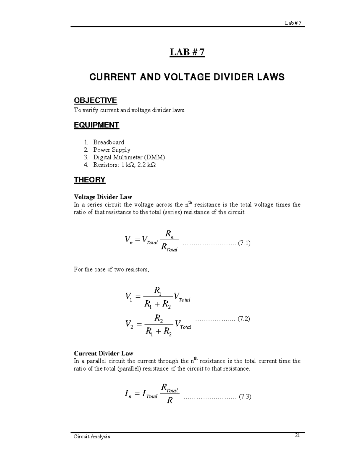 Lab 7 - CA - Current & Voltage Divider Laws Experiment - Studocu
