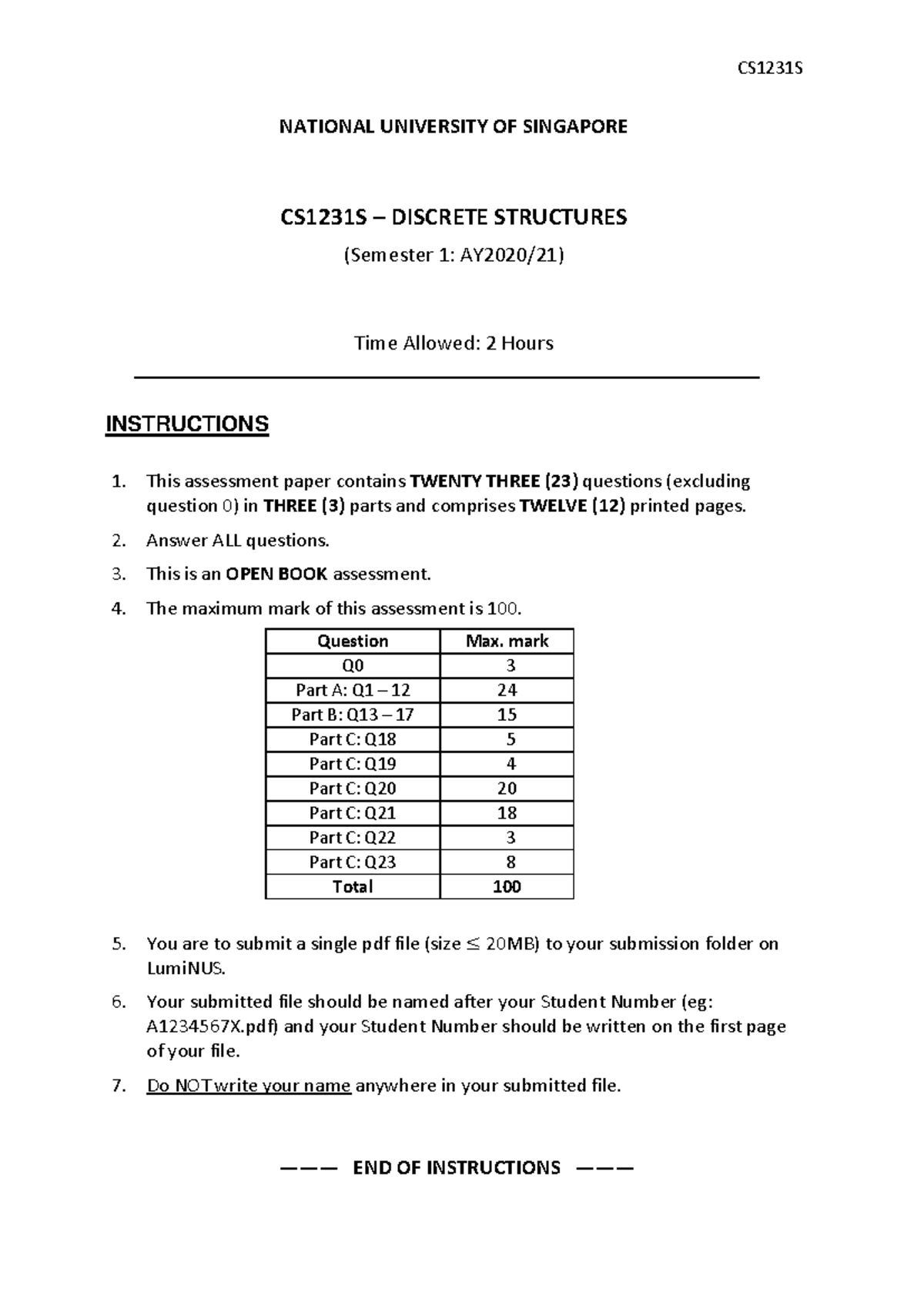 Cs1231s exam20s1 qns - NATIONAL UNIVERSITY OF SINGAPORE CS1231S – DISCRETE STRUCTURES (Semester ...