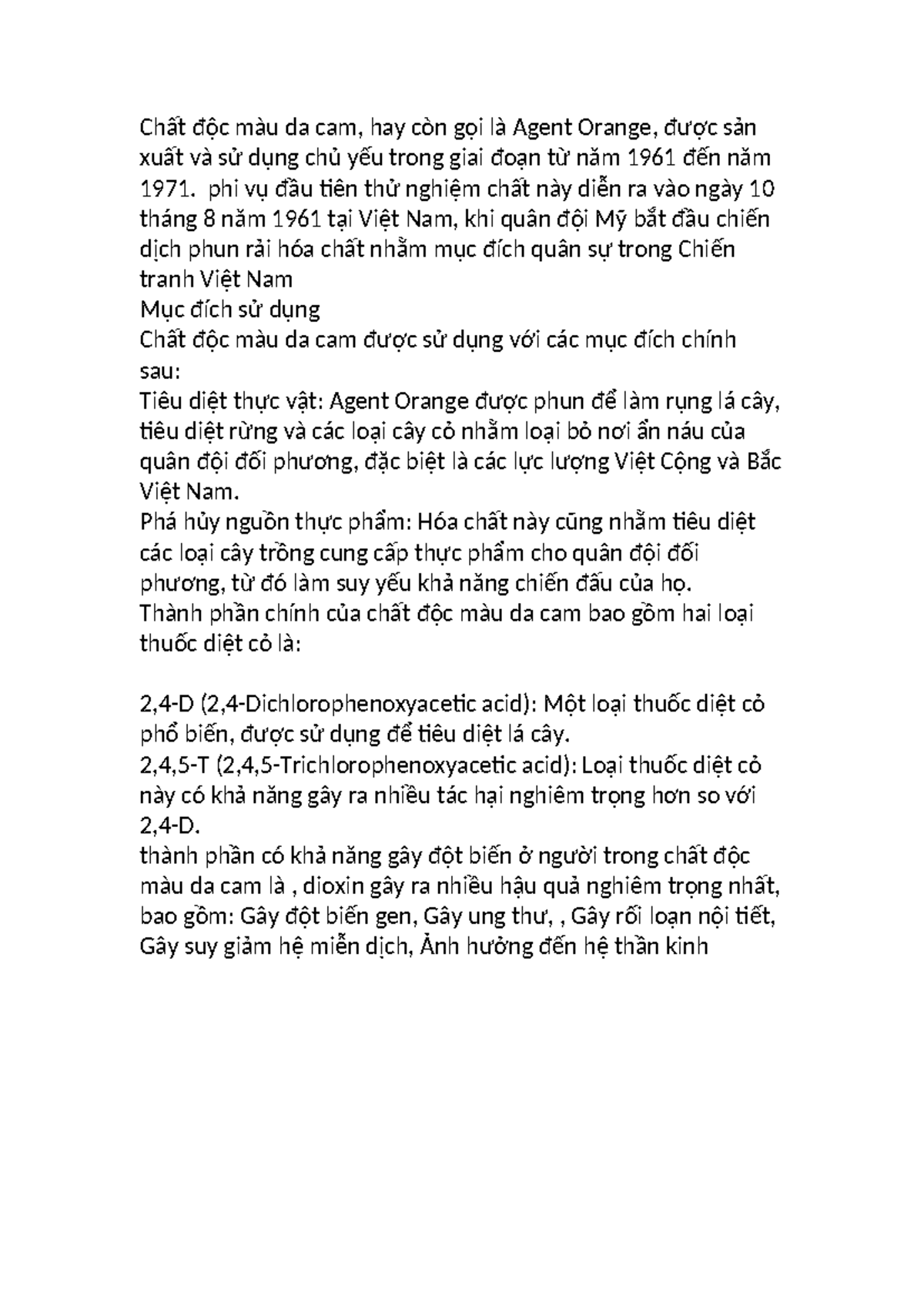 Chất độc màu da cam (Agent Orange) và tác động của nó trong Chiến tranh ...