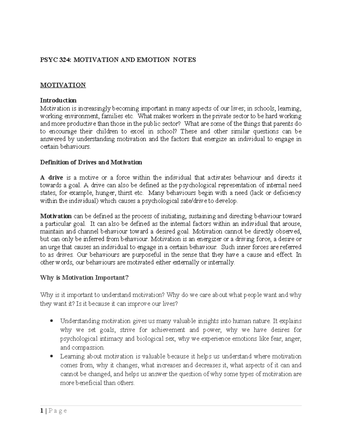 PSYC 324: Motivation and Emotion - Comprehensive Class Notes - Studocu