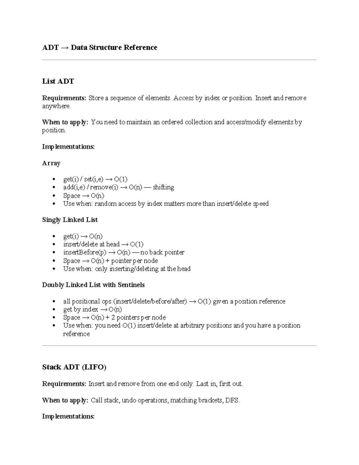 ADT Data Structures Overview and Reference List - Studocu