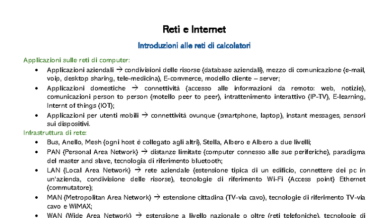 Reti e Internet: Introduzione alle Reti di Calcolatori e Applicazioni (CORSO: - Studocu