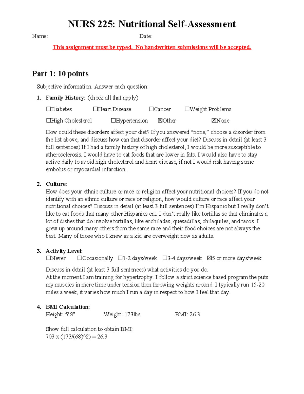 NURS 225 - Nutrition Assessment and Dietary Reflections - Studocu