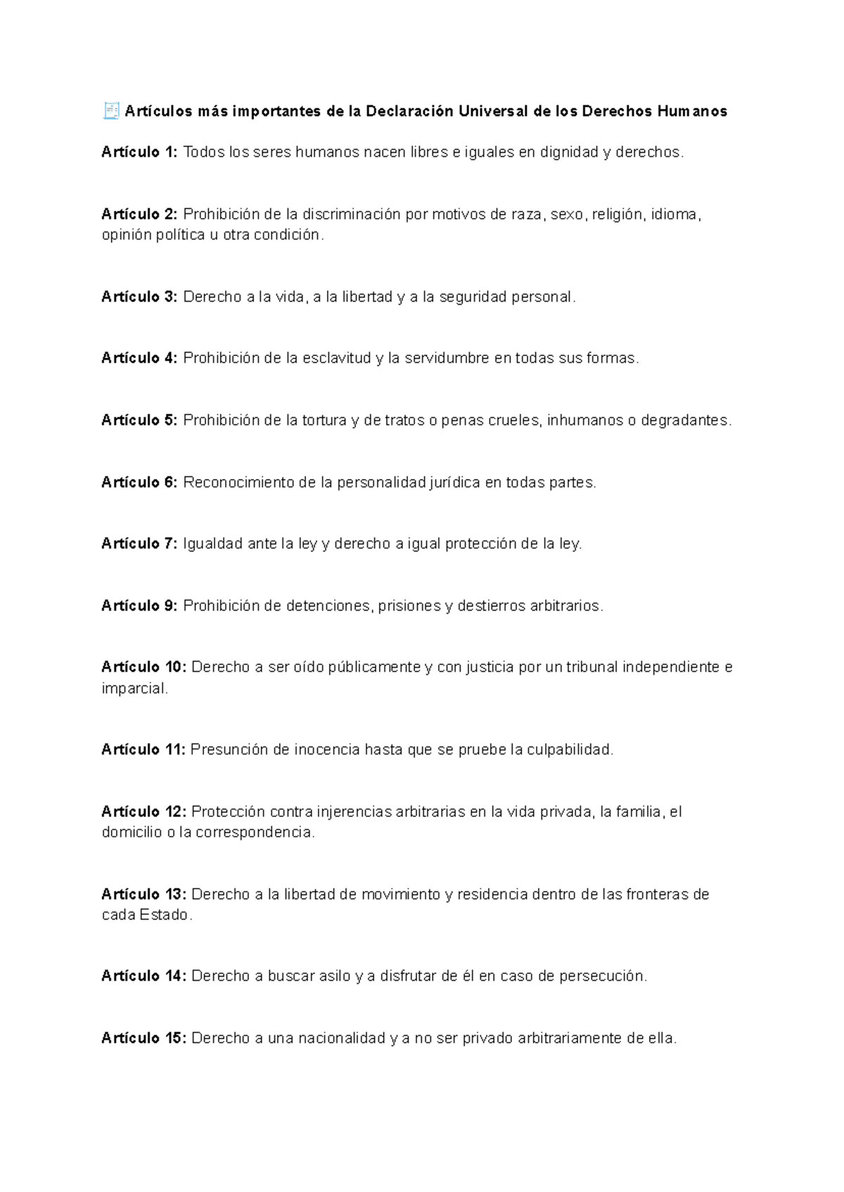 Artículos Clave de la Declaración Universal de los DDHH - Studocu