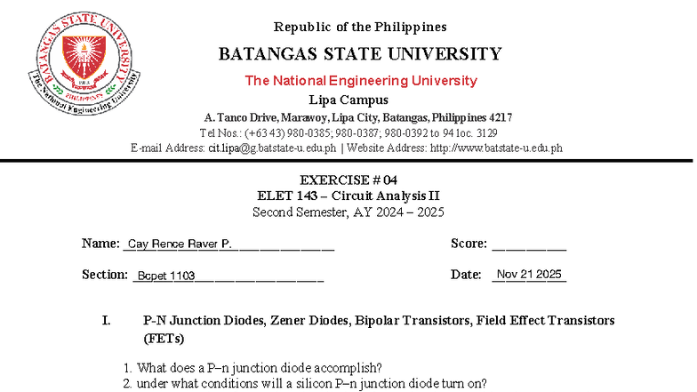 ELET 143 Exercise 04: Circuit Analysis II - Complex Numbers & Diodes - Studocu