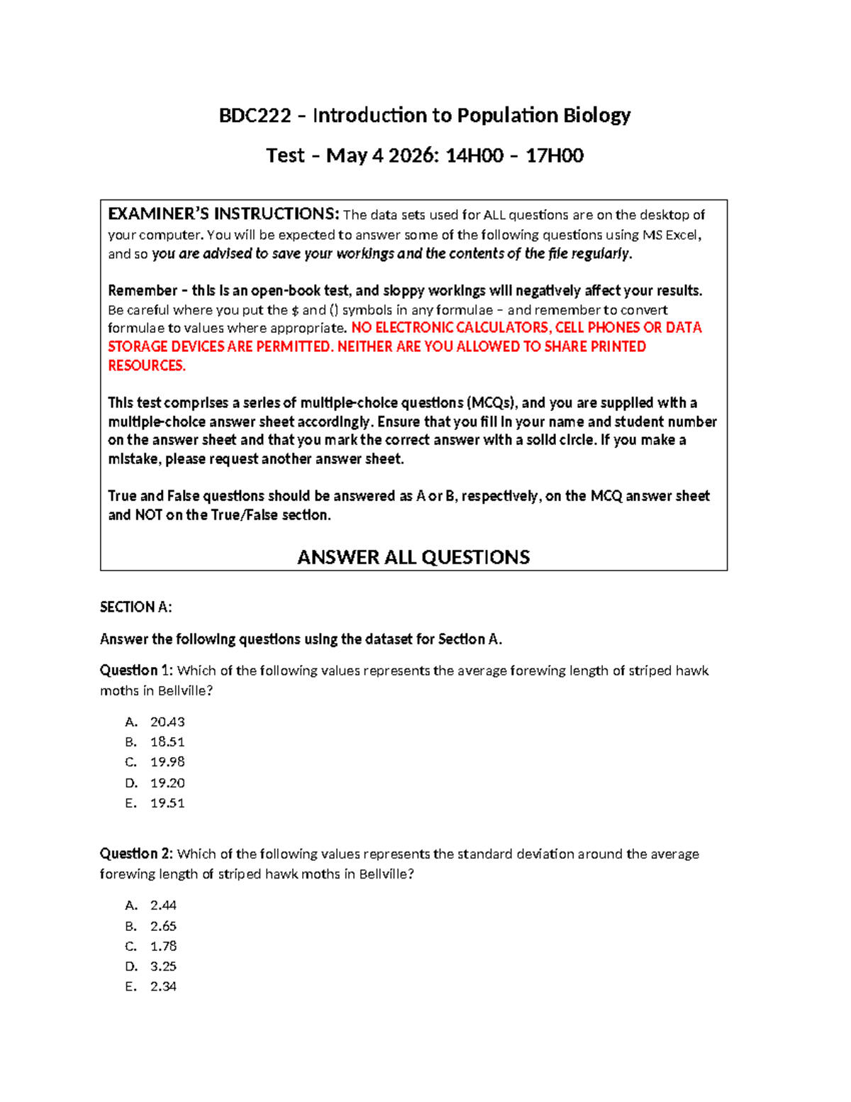 BDC222 Population Biology Test Instructions & Questions 2026 - Studocu
