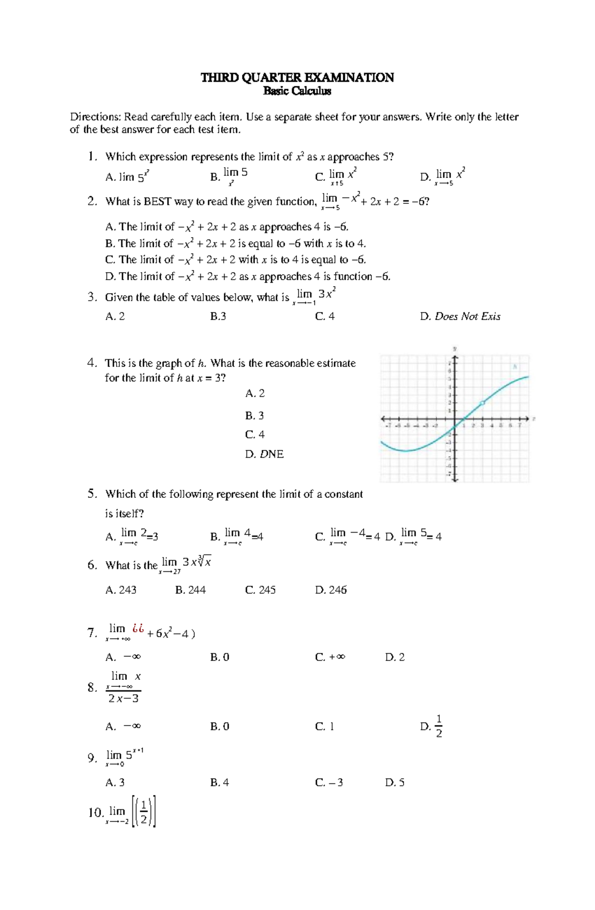 MATH 101: 3rd Quarter Quiz on Basic Calculus Limits and Continuity - Studocu