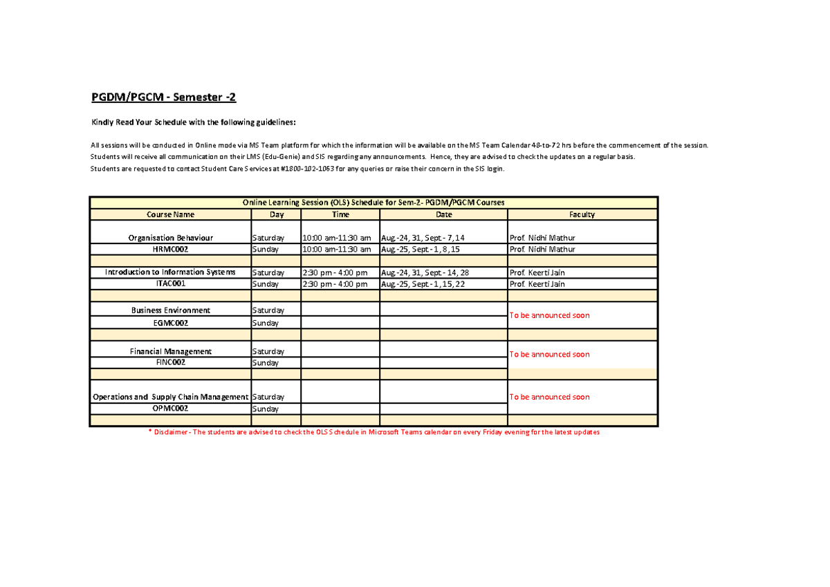OLS Schedule for Semester 2 July 2024 - PGDM & PGCM - Studocu