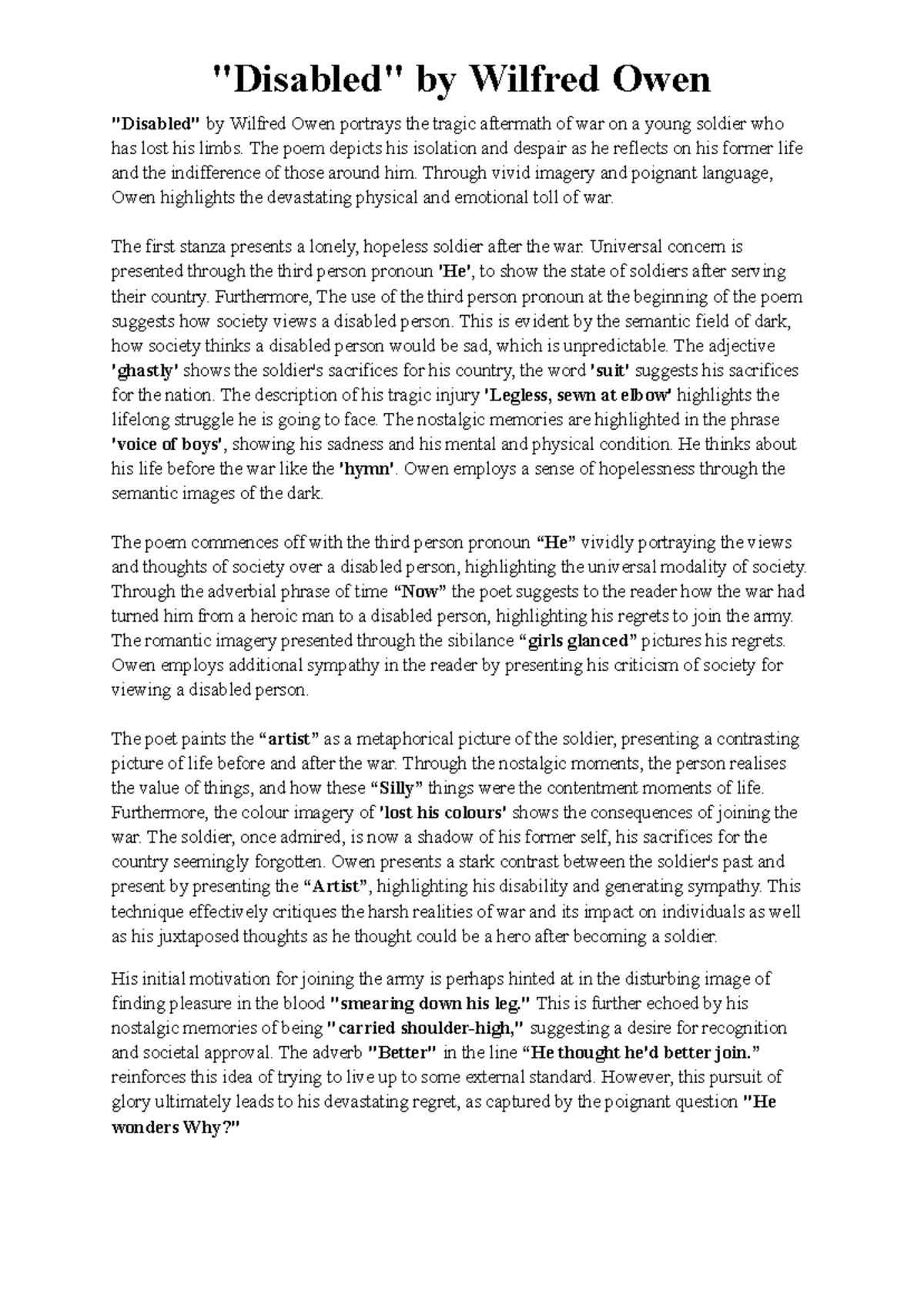 Disability and Regret in Wilfred Owen's Poetry: Notes on "Disabled ...