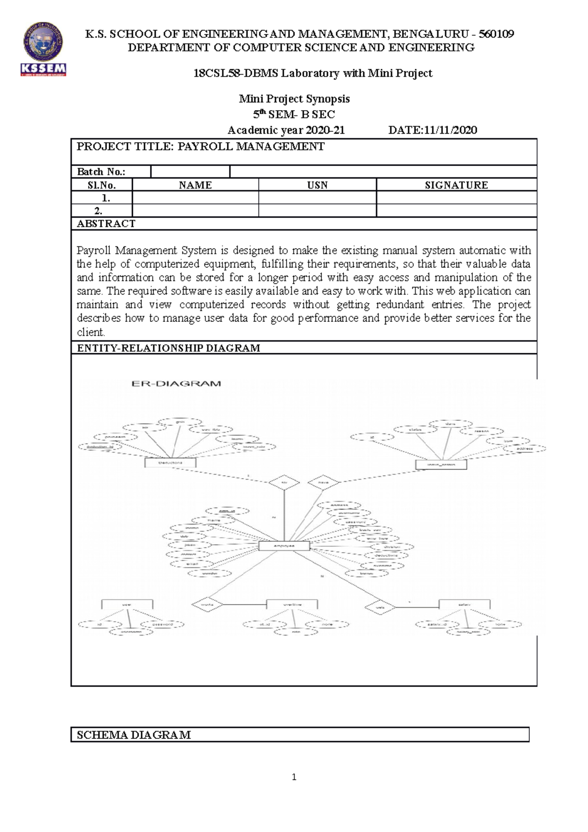 DBMS MINI Project Synopsis Template - K. SCHOOL OF ENGINEERING AND ...