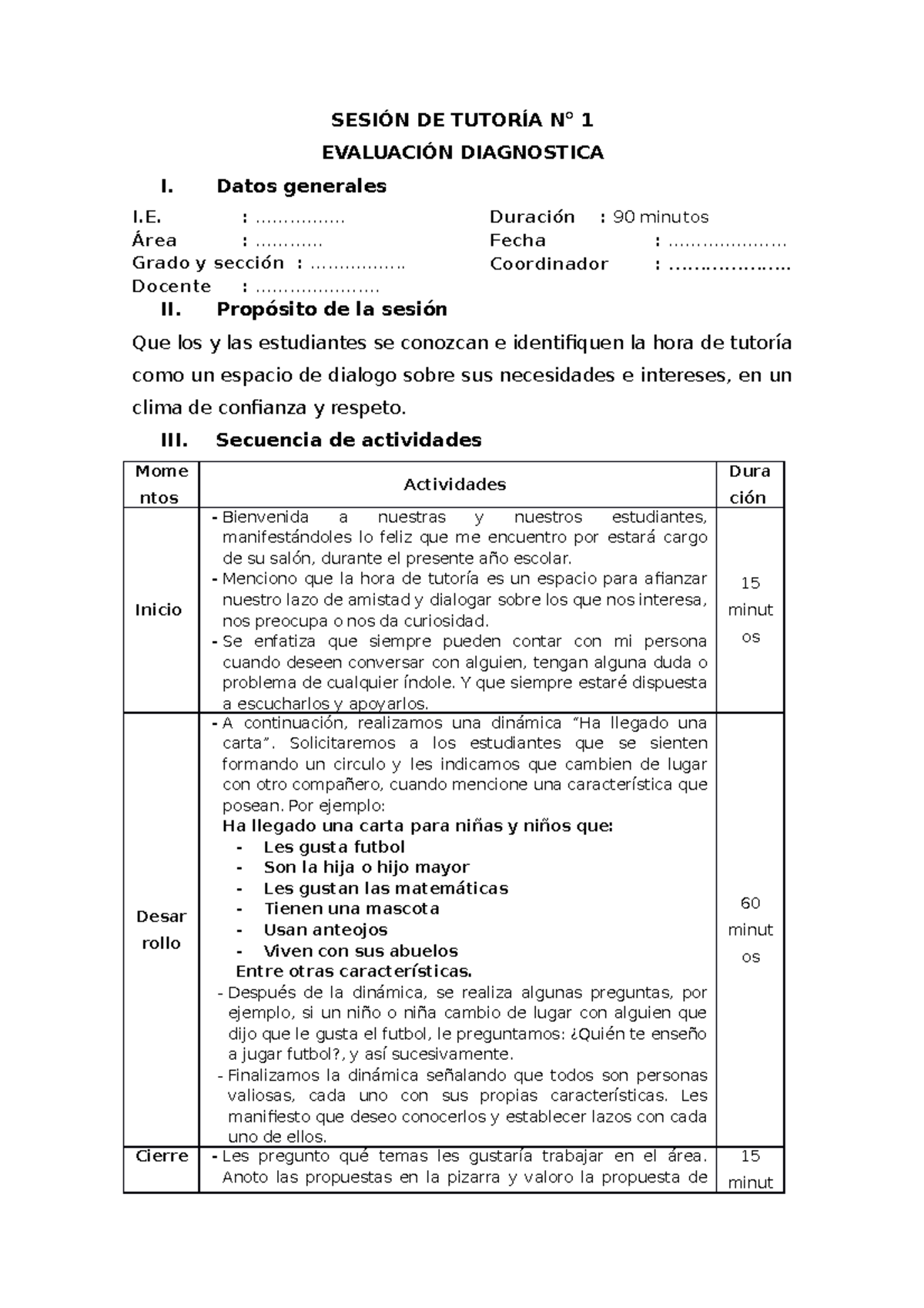 Sesión de Tutoría N° 1: Actividades y Objetivos para Estudiantes - Studocu