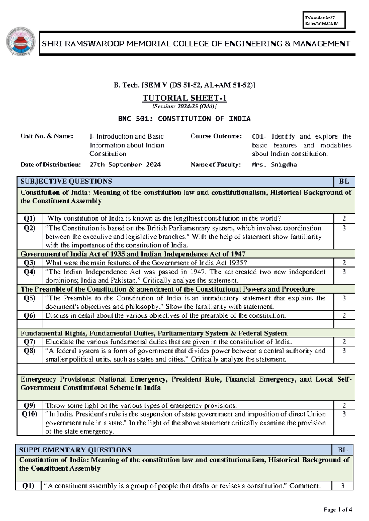 BNC-501 Tutorial Sheet 1: Constitution of India Overview - Studocu