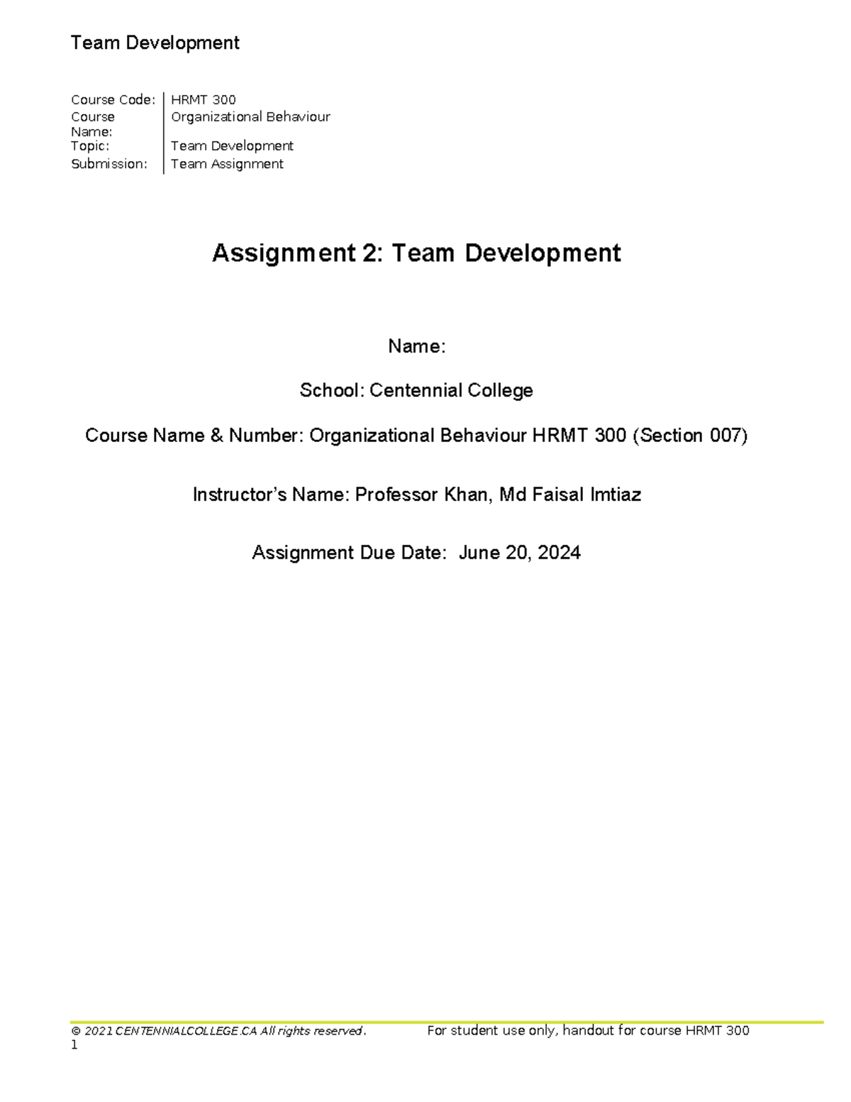 HRMT 300 Team Development - Assignment 2 Overview and Insights - Studocu