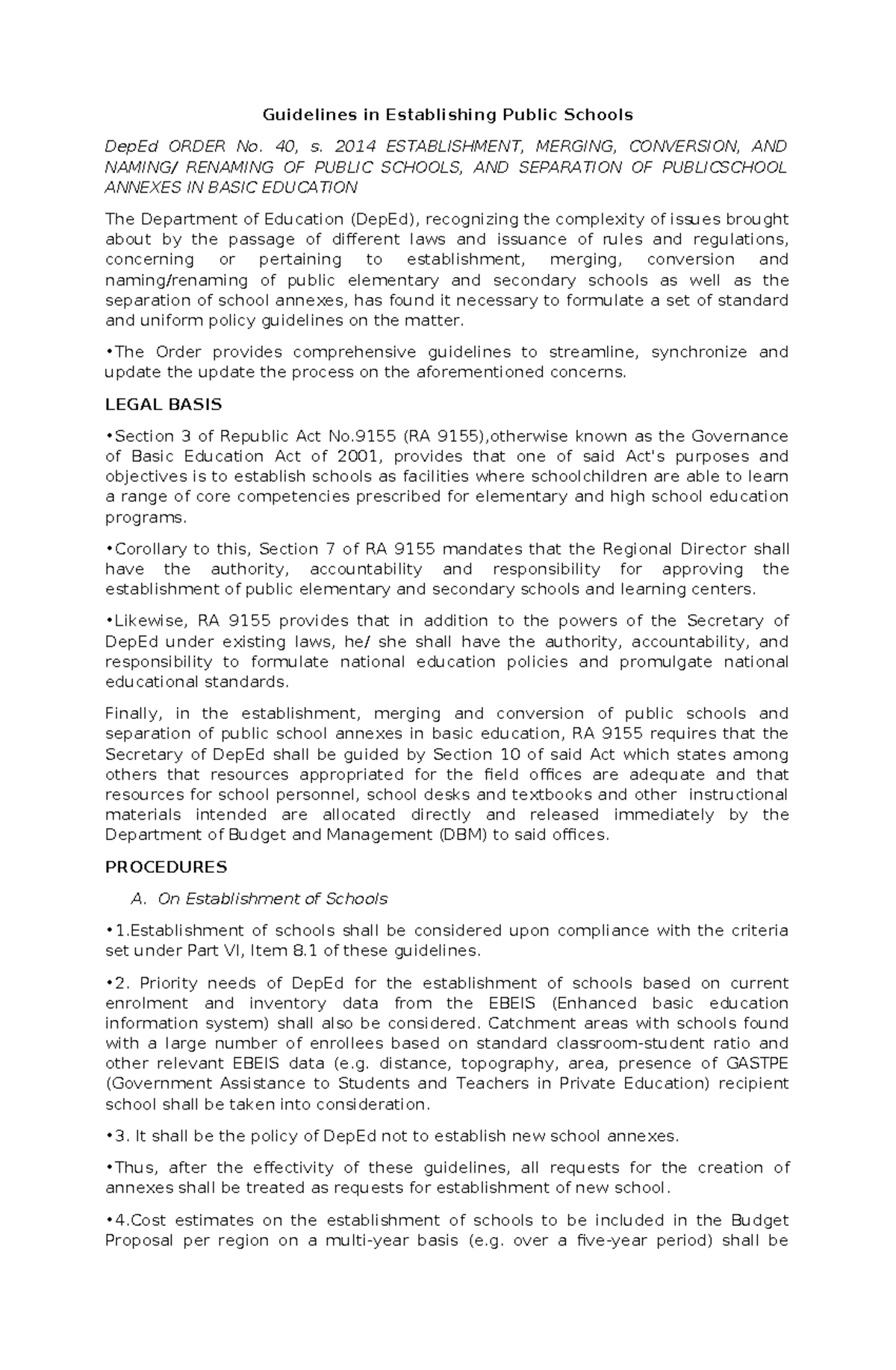 DepEd Order No. 40, s. 2014: Guidelines for Public School Establishment ...