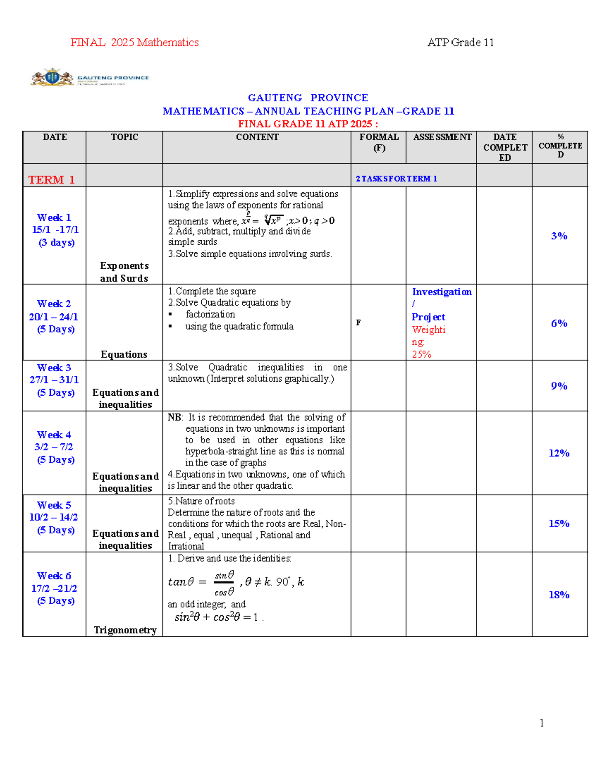 FINAL 2025 Mathematics ATP Grade 11 Teaching Plan and Assessment Guide ...