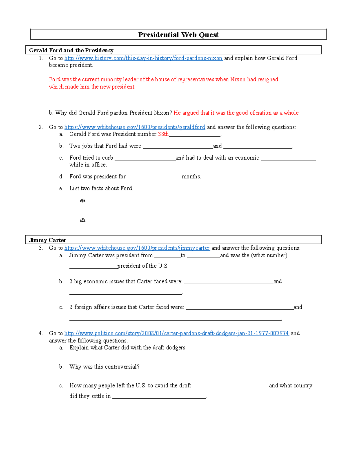 Workbook - Student - Presidential Webquest - Gerald Ford and the ...