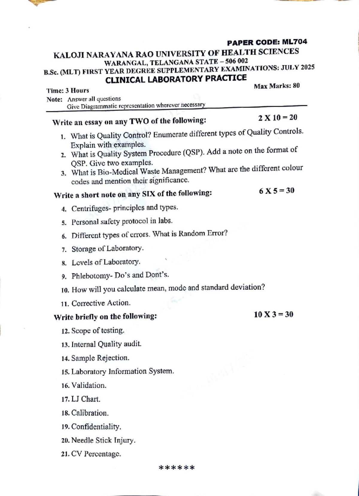 ML704: B.Sc. (MLT) 1st Year Clinical Lab Practice - July 2025 Exam ...
