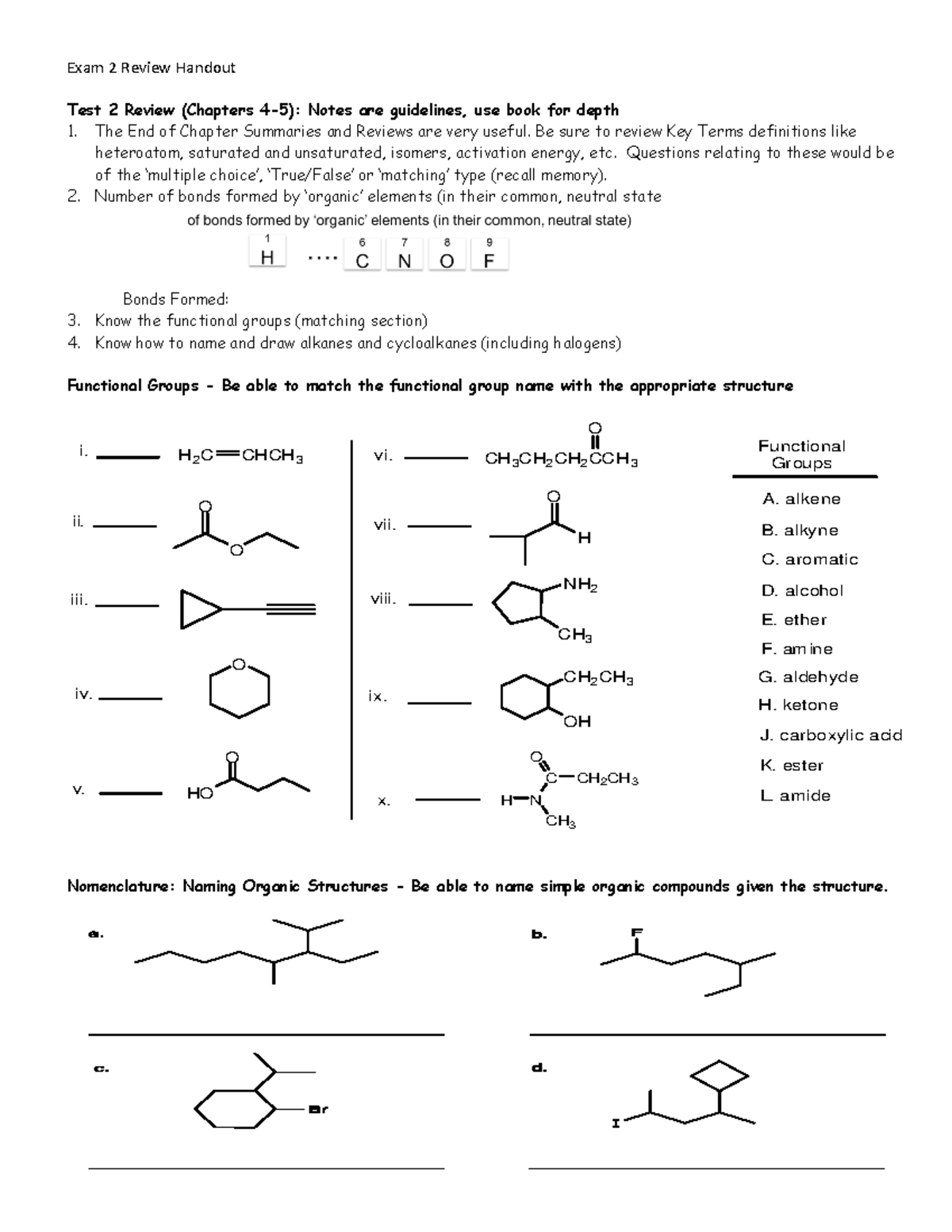 Exam 2 Review Handout for Organic Chemistry (Chapters 4-5) - Studocu