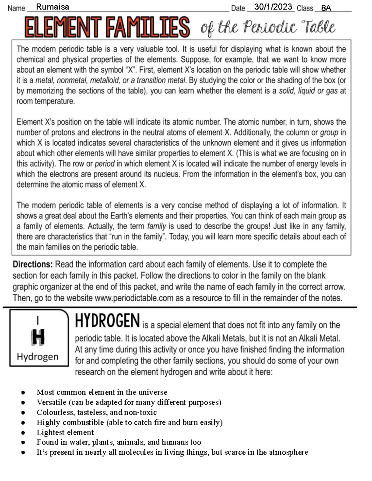 Element Families Overview: Student Packet (CHEM 101) - Studocu