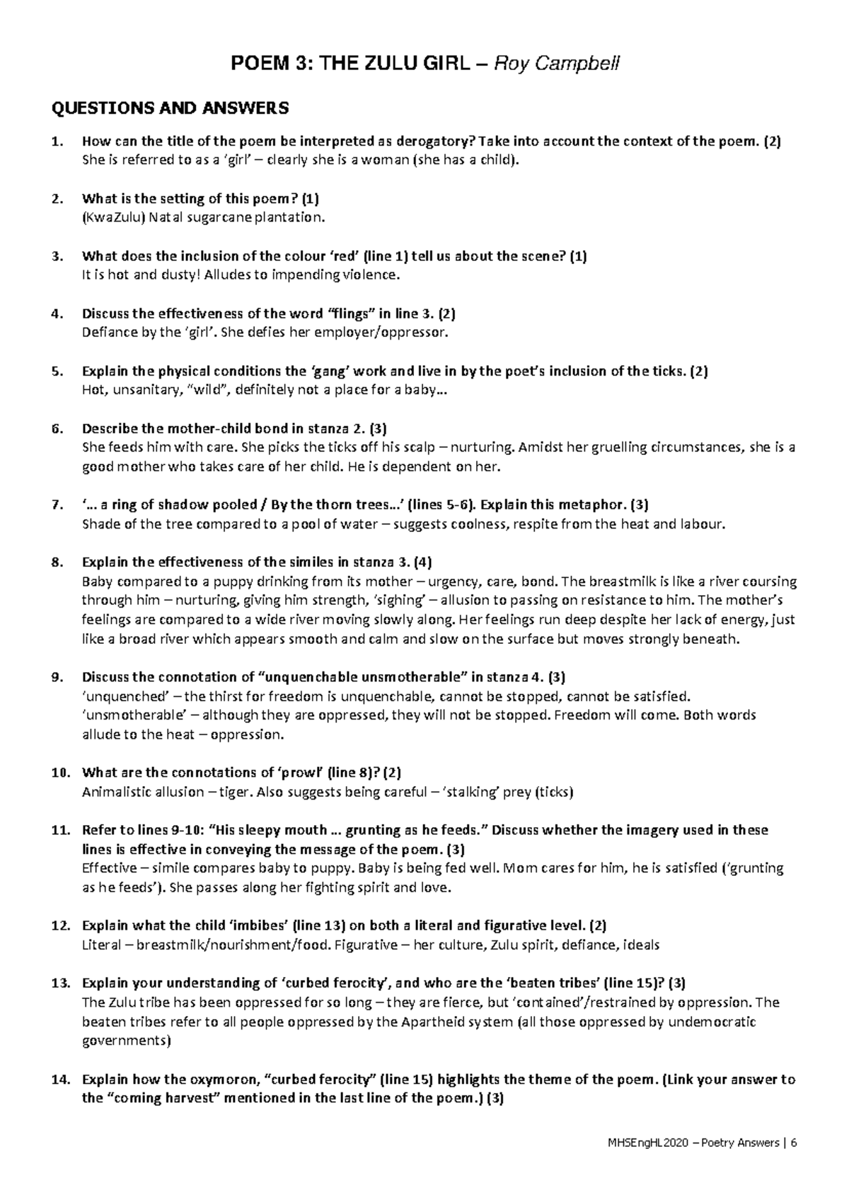 MHSEng HL 2020 - Poetry Analysis: The Zulu Girl Responses - Studocu