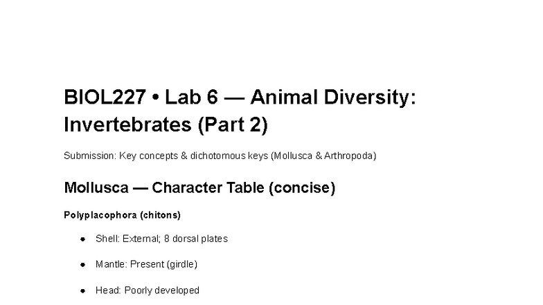 BIOL227 Lab 6: Key Concepts in Invertebrate Diversity (Part 2) - Studocu