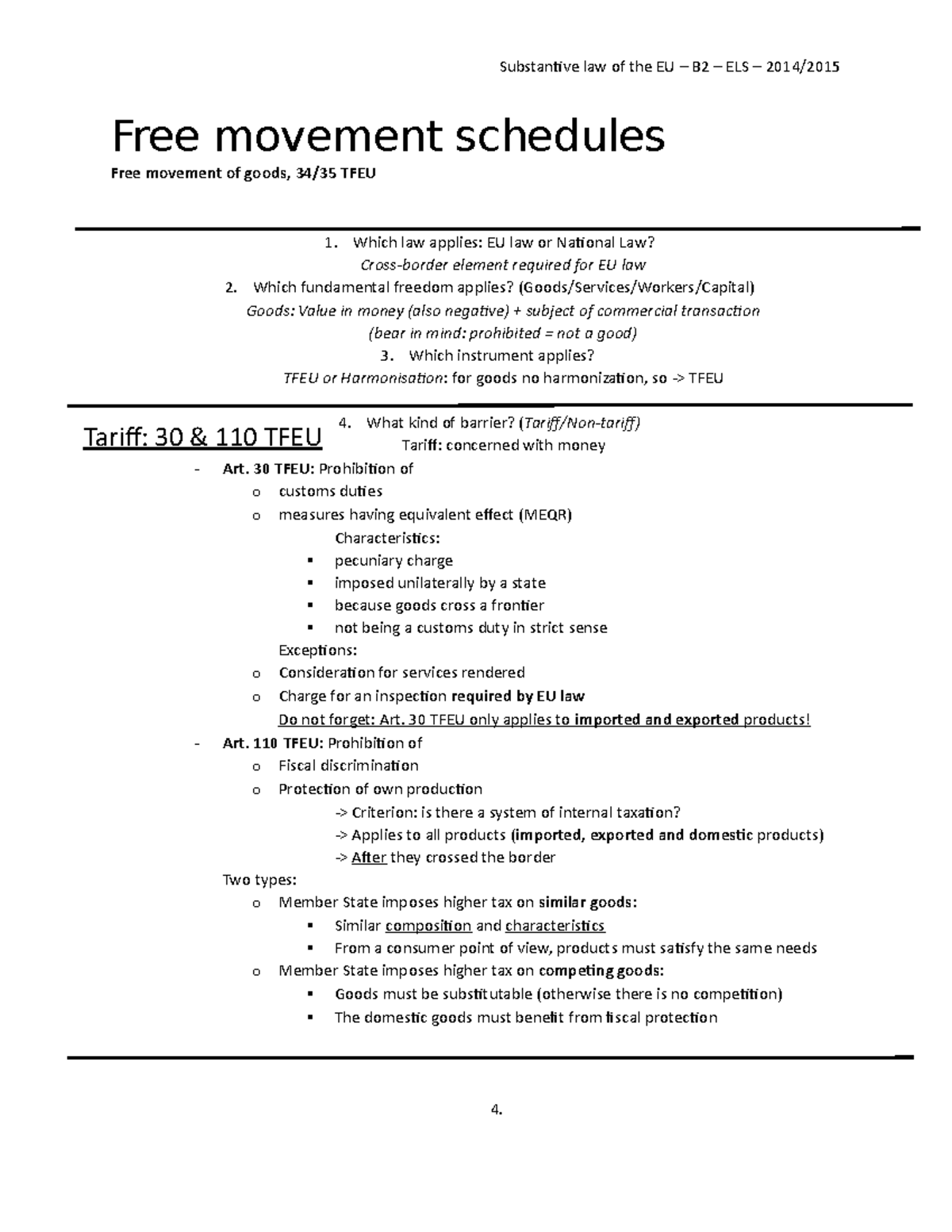 Summary - schema's free movement of goods - Tariff: 30 & 110 TFEU Free ...