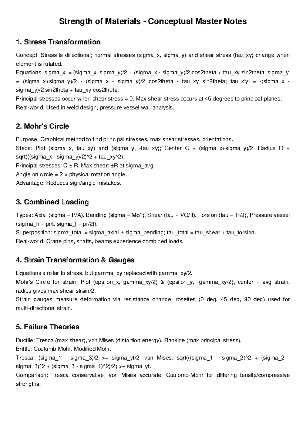 Strength of Materials (ENGR 101) Final Exam Conceptual Notes - Studocu
