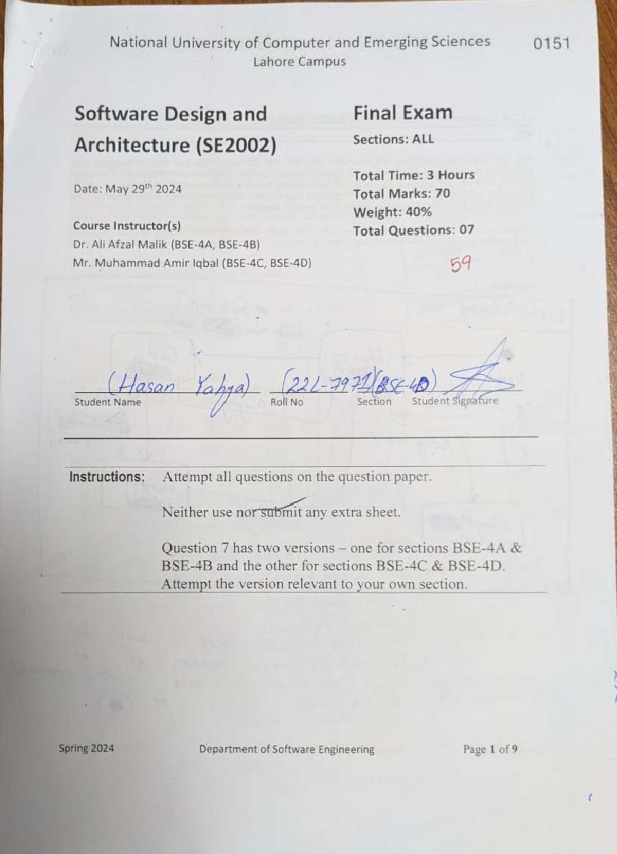 Final Exam Software Design (SE2002) - National University of Computer ...
