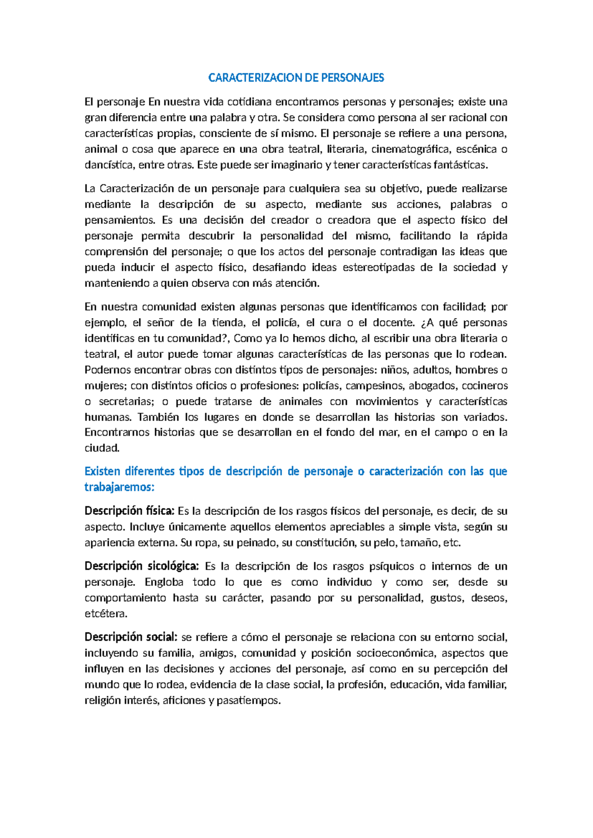 CARACTERIZACIÓN DE PERSONAJES: Análisis y Descripción Detallada - Studocu