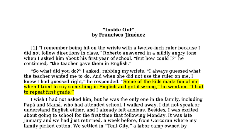 Inside Out: A Journey Through School Life - Francisco Jiménez - Studocu