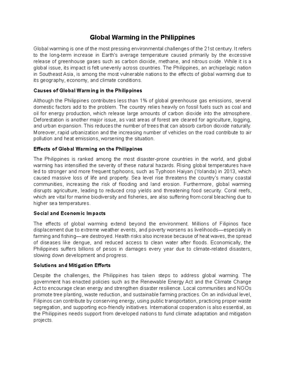 Global Warming in the Philippines: Causes, Effects, and Solutions - Studocu