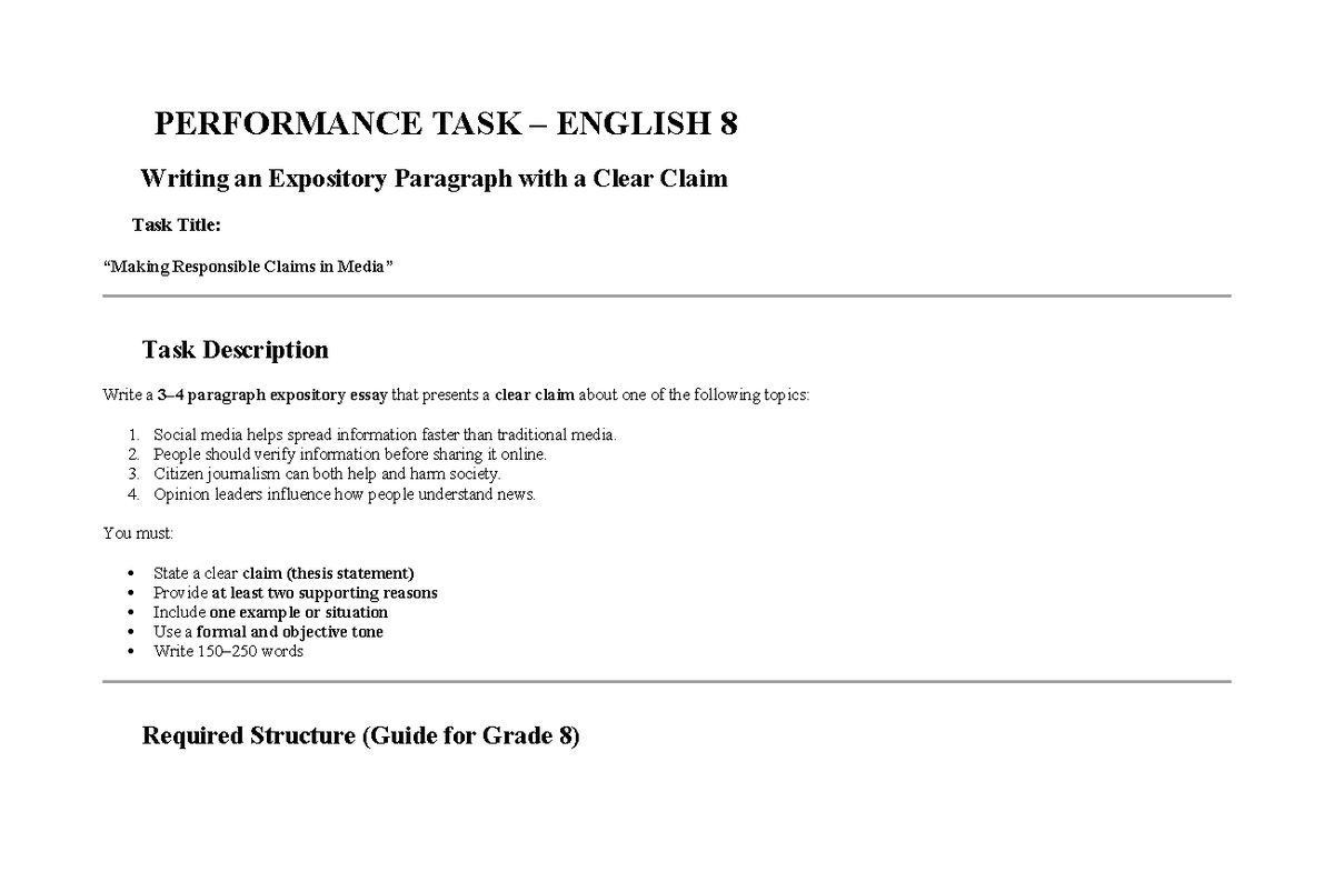 Expository Paragraph Writing Task: Responsible Claims (ENG 8) - Studocu