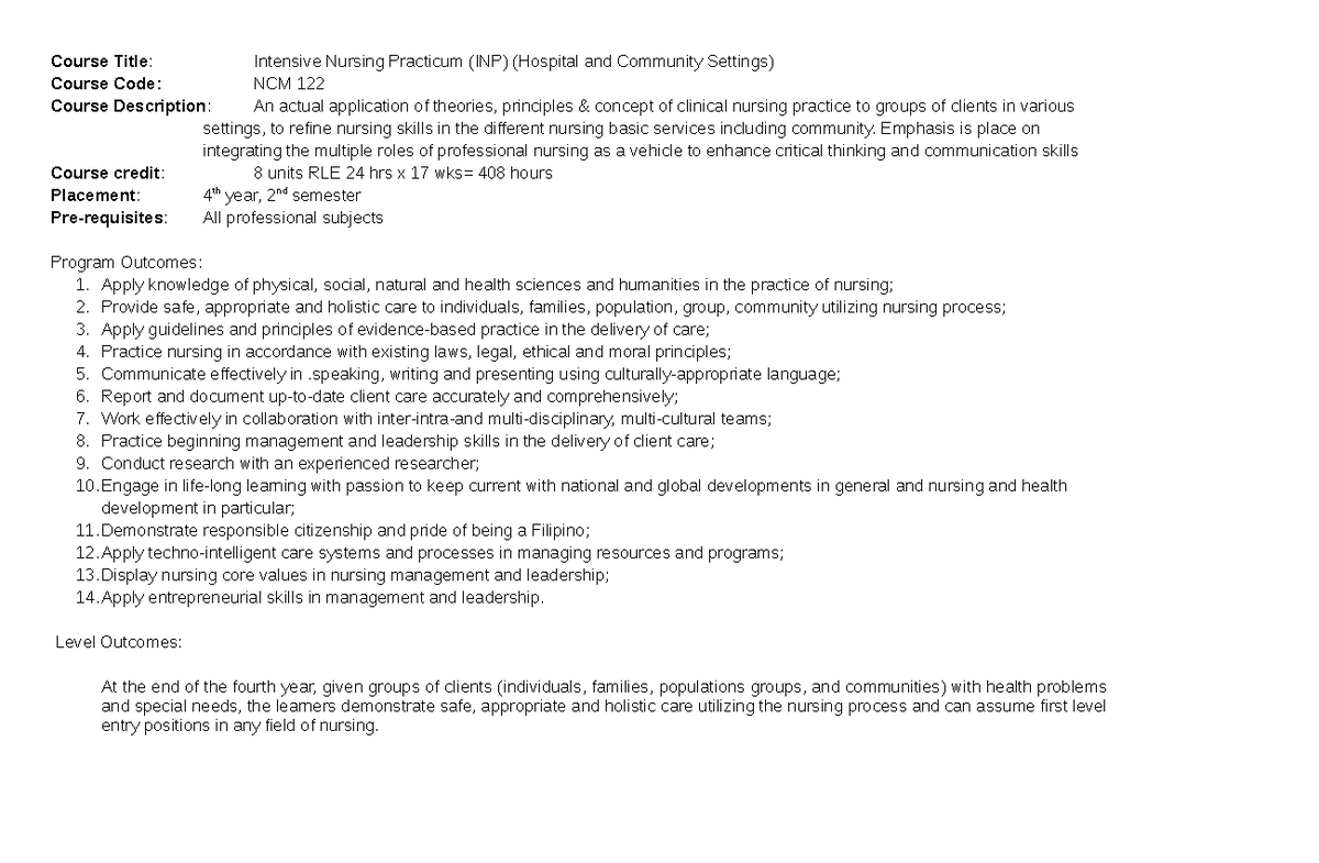 Pdfcoffee - Please give additional information - Course Title: Intensive Nursing Practicum (INP ...