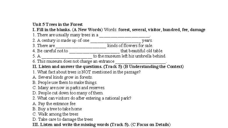 Unit 5: Trees in the Forest - Fill in the Blanks & Answers - Studocu