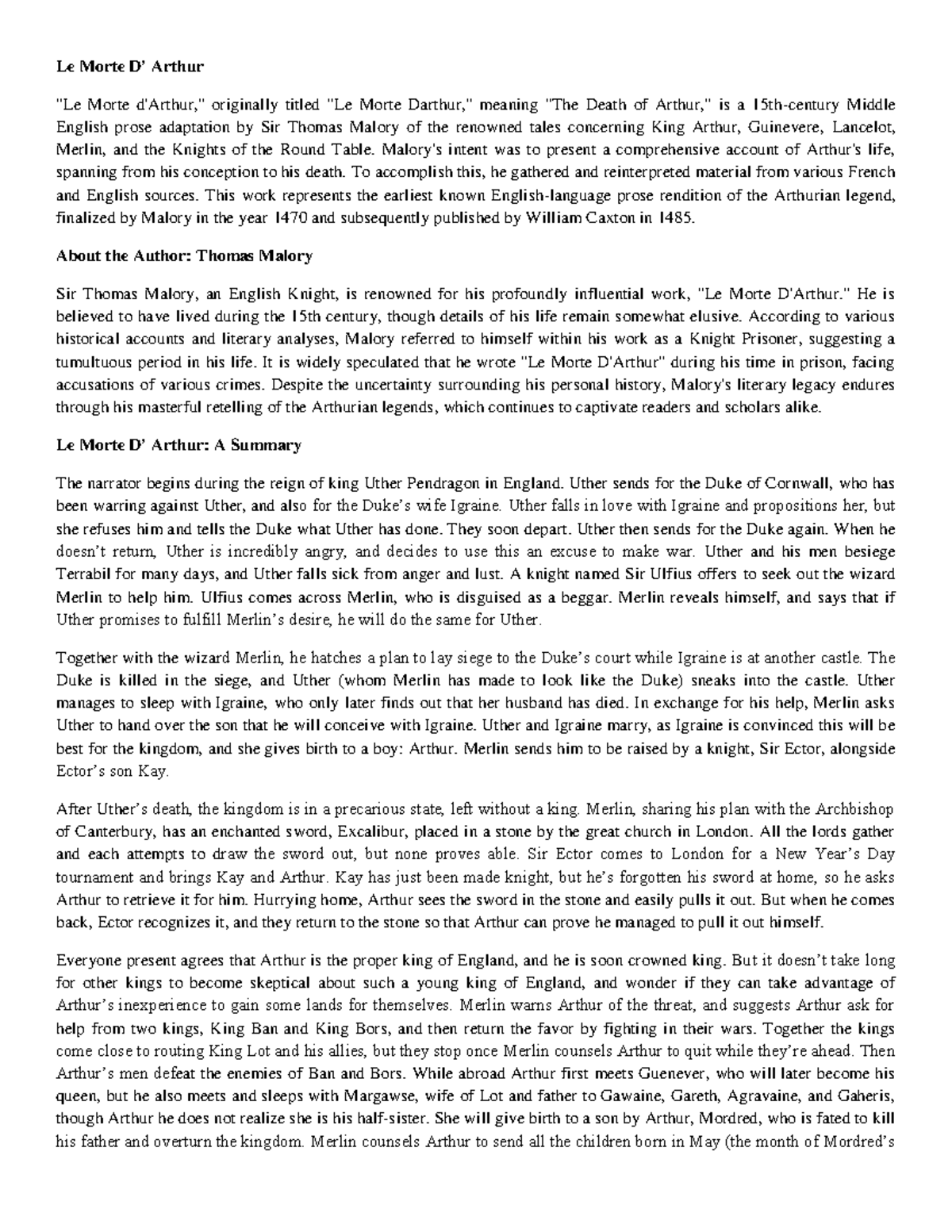 Le Morte D'Arthur (ENG 101): Comprehensive Study Handouts - Studocu