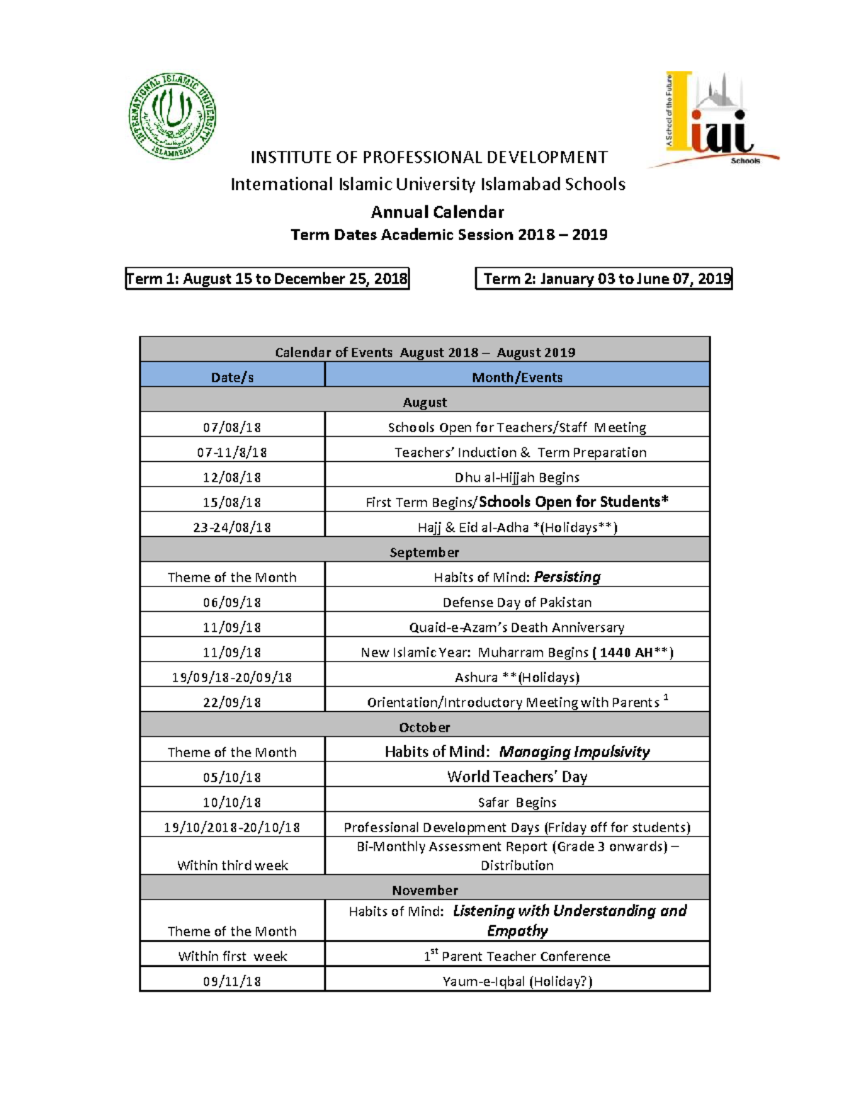 IIUI Schools Calendar 2018 2019 270818 - INSTITUTE OF PROFESSIONAL ...