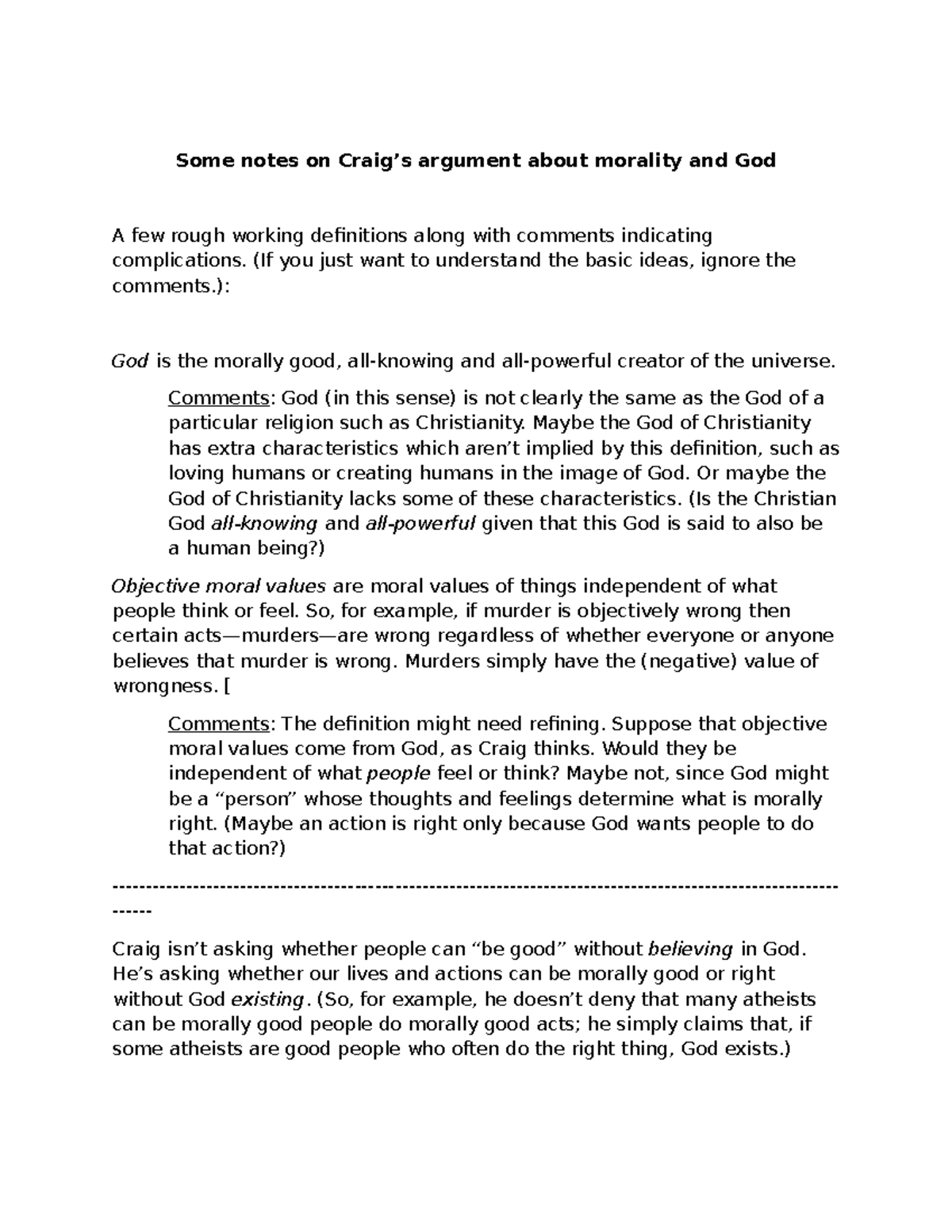 201Craig Notes: Exploring Morality, God, and Objective Values - Studocu