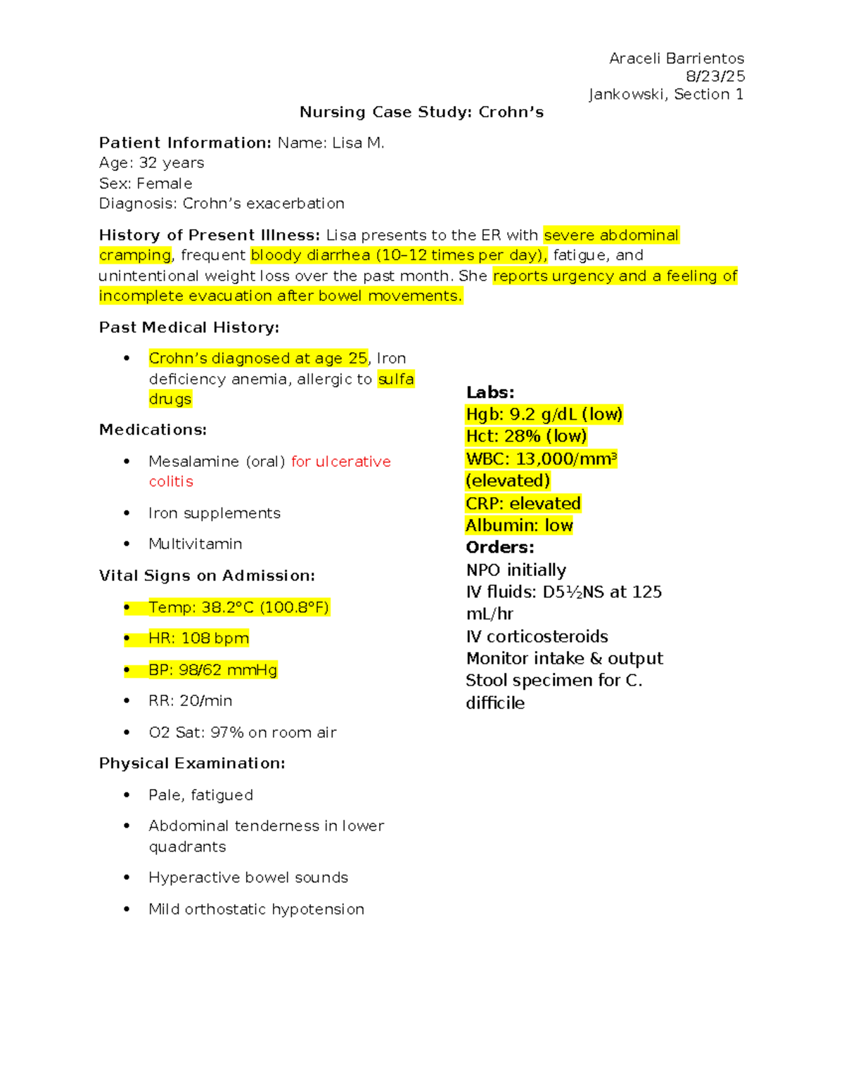 Nursing Case Study: Lisa M. - Crohn's Disease Management (AA #1) - Studocu