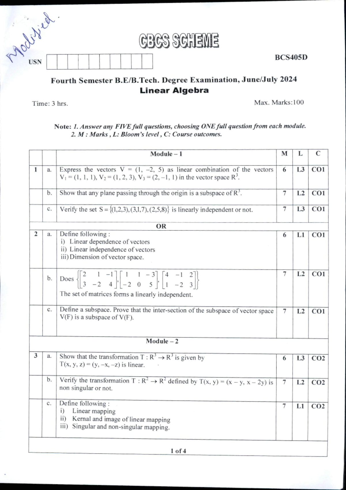 Previous Year Question Papers for BCS405D - Linear Algebra - Studocu