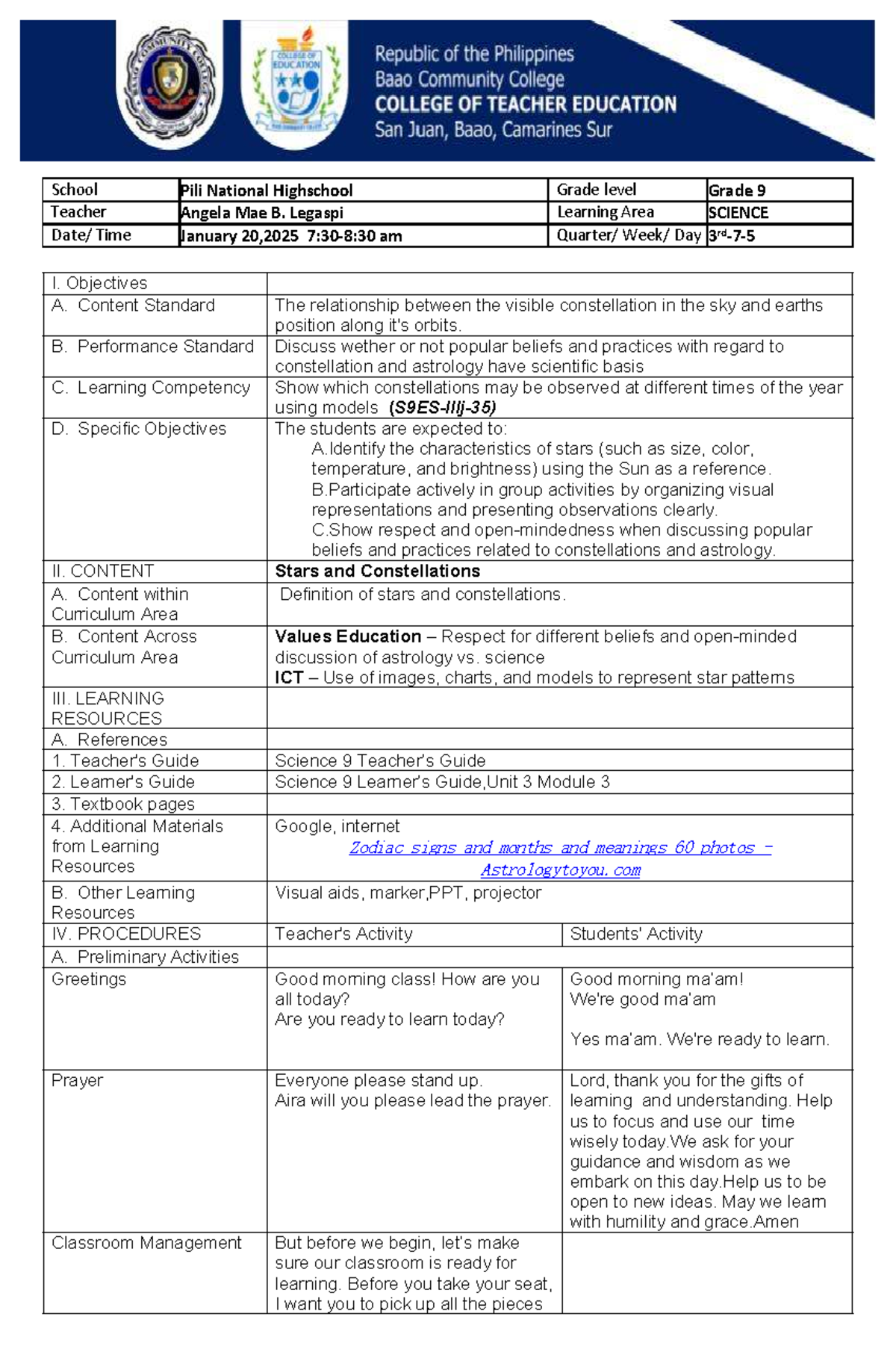 Science 9 Lesson Plan: Exploring Stars & Constellations - Studocu