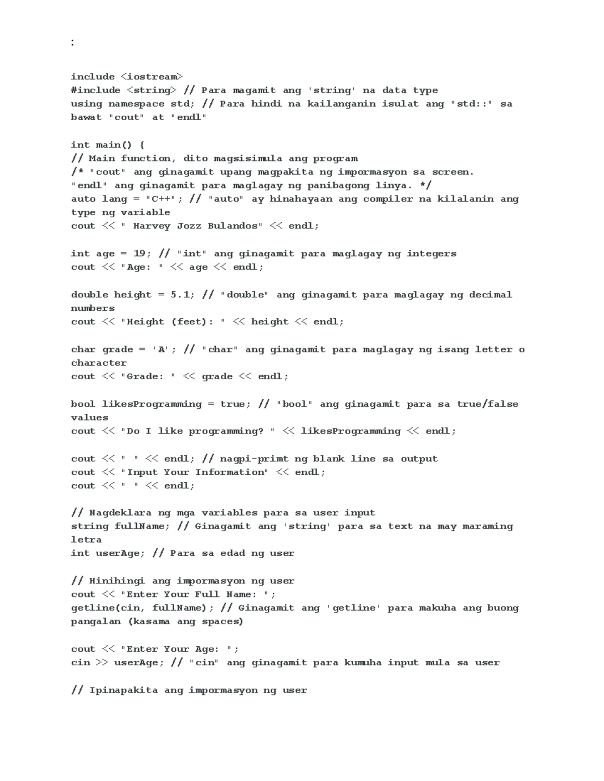 CLION: Paggamit ng Data Types at Input/Output sa C++ - Studocu