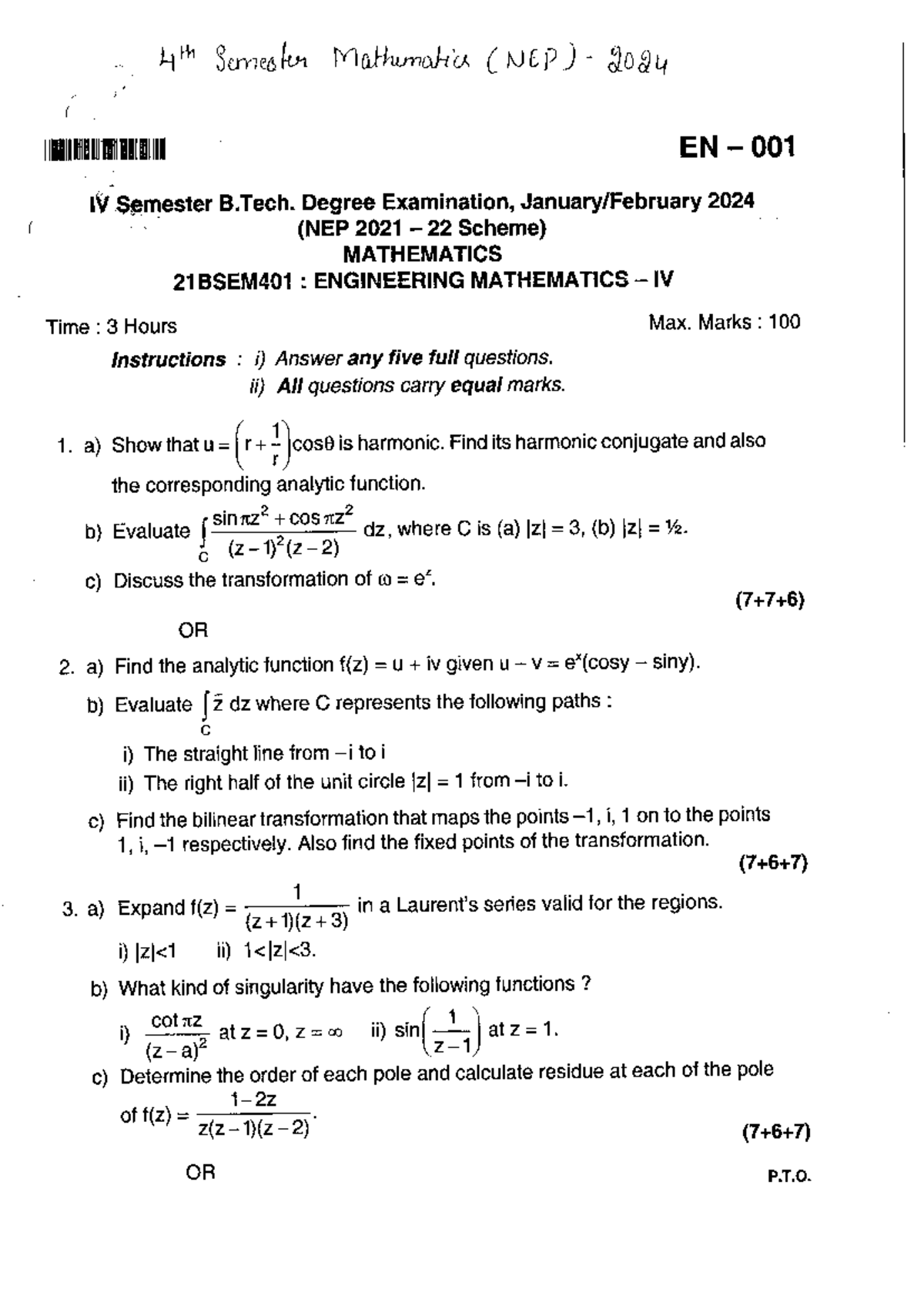 EN 001: 4th Sem Engineering Mathematics IV Exam Notes (Jan-Feb 2024 ...