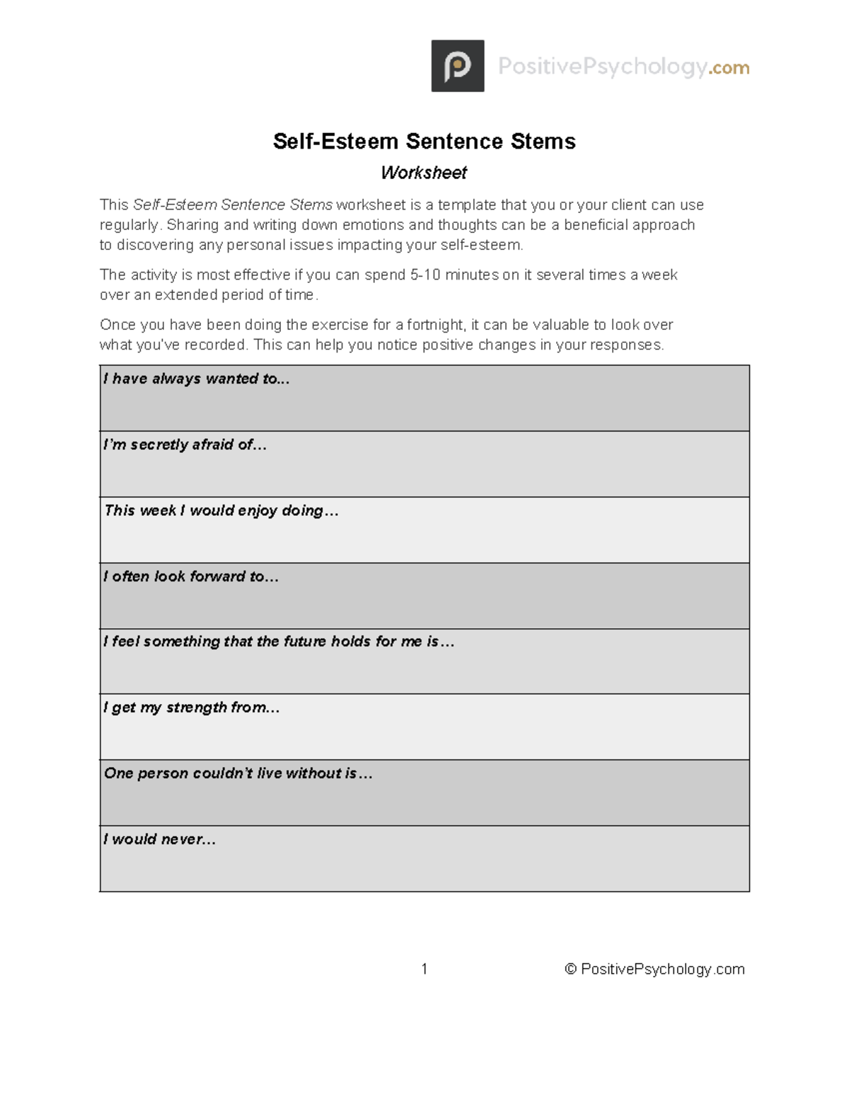 Self-Esteem Sentence Stems Worksheet for Personal Growth - Studocu