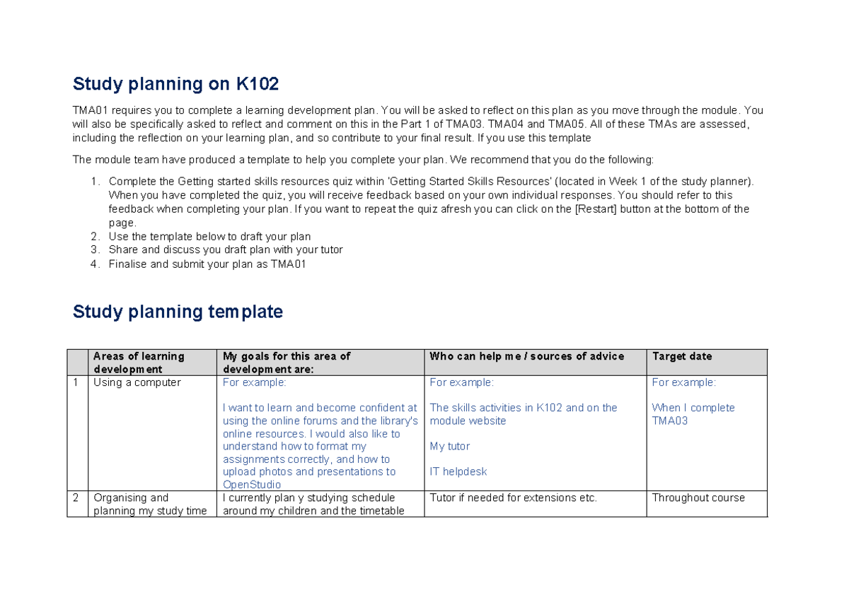 Study Planning Guide for TMA01: Developing Your Learning Strategy - Studocu
