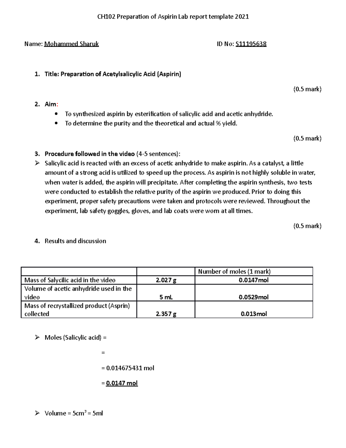 CH102 Final Lab Report: Preparation and Purity of Aspirin ...