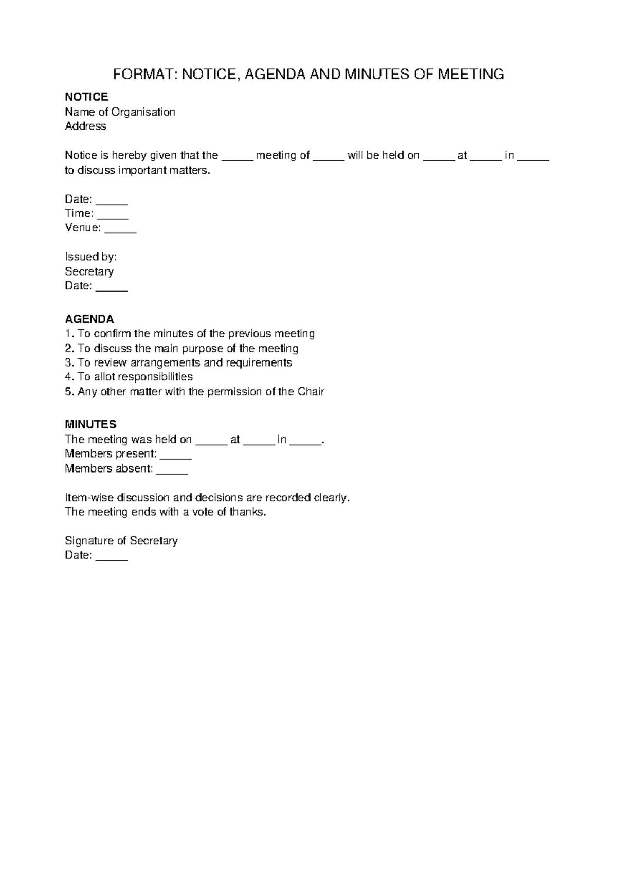 Meeting Notice, Agenda & Minutes Format Examples - Studocu