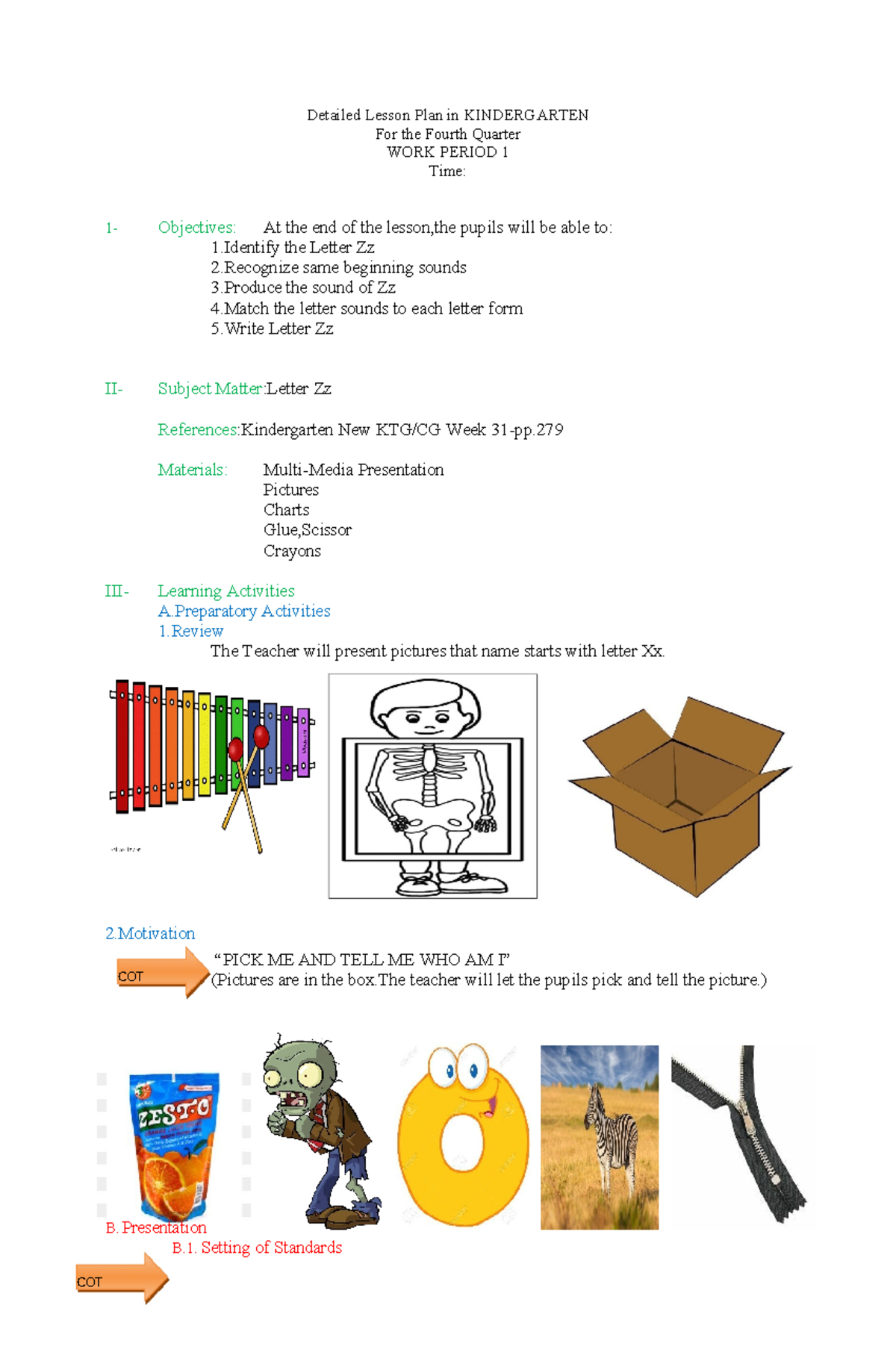 Detailed Kindergarten Lesson Plan on Letter Zz for Q4 Week 1 - Studocu