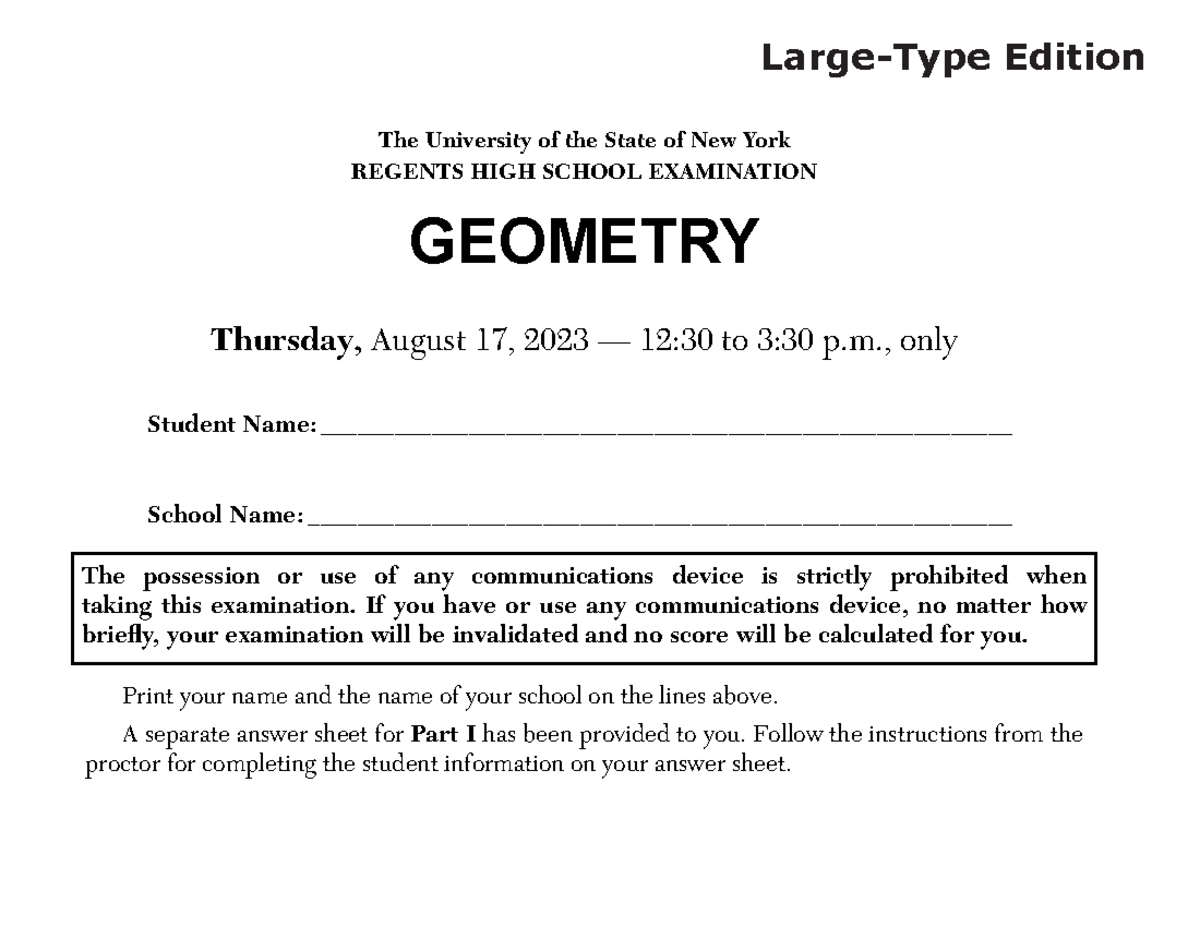 Geom82023 - Regents Geometry Exam Answer Key (Aug. '23) - Studocu