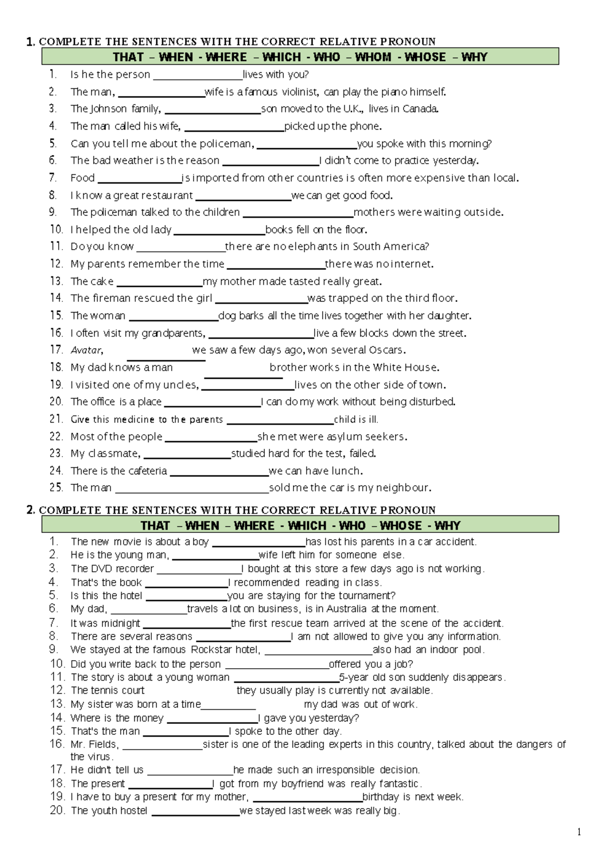 Relative Activities 25-26: Exercises on Relative Pronouns - Studocu